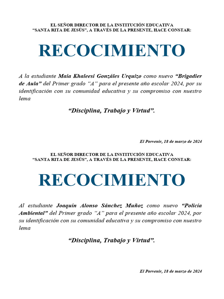 TEXTO RECONOCIMIENTO - AUTORIDADES ESCOLARES | PDF