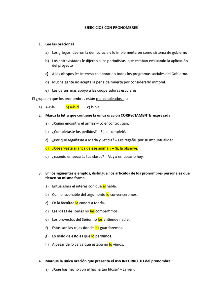 Ejercicios de Pronombres Personales | PDF