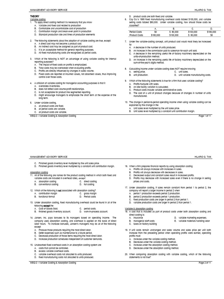 MSQ 02 Variable - Absorption Costing | PDF | Cost Of Goods Sold | Cost Accounting