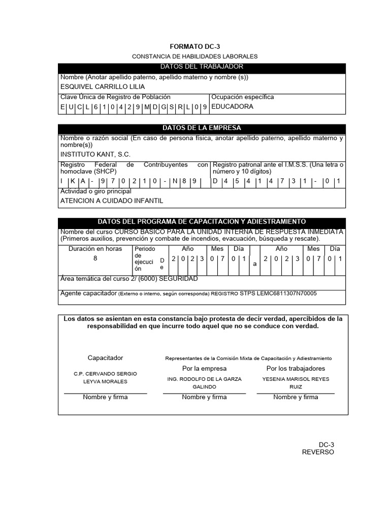Formato DC 3 Microsoft Word | PDF