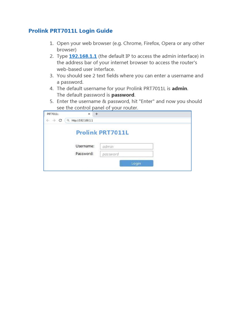 Prolink - PRT7011L Login Guide | PDF