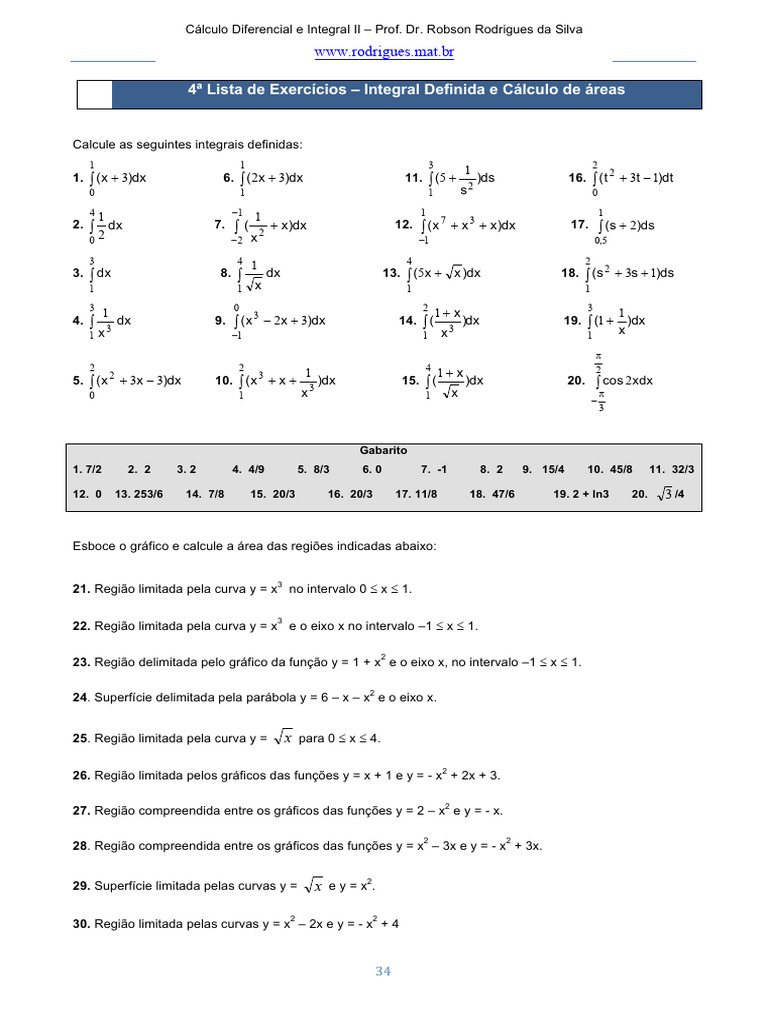Lista de Exercícios Integral Definida | PDF | Analise matemática