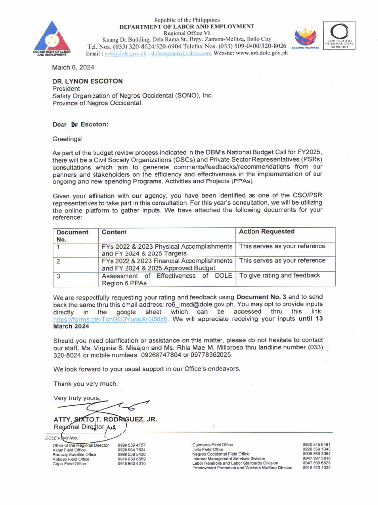 DOLE RO6 Letter-Request For The Assessment of Effectiveness of Programs ...
