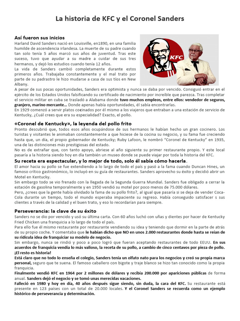 Historia del Coronel Sanders y KFC | PDF
