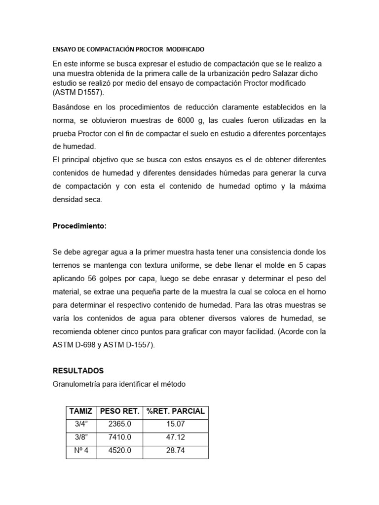 Ensayo de Compactación Proctor Modificado | PDF | Ciencia del suelo | Suelo
