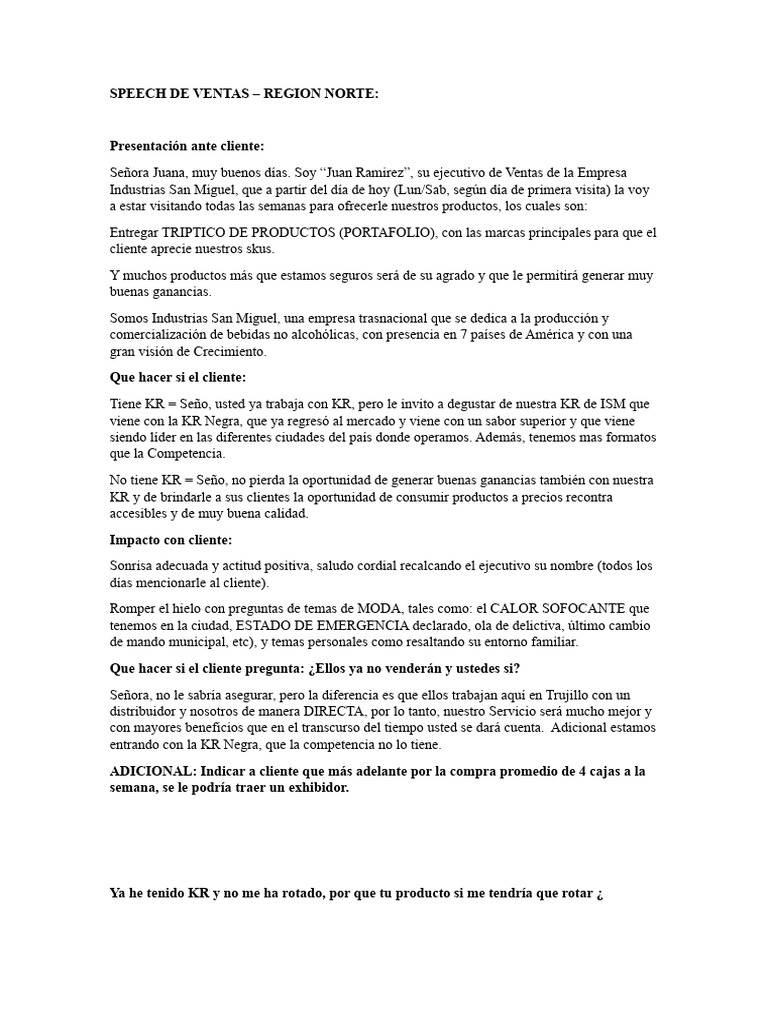Speech de Venta - Norte - Aergumentos Objeciones | PDF