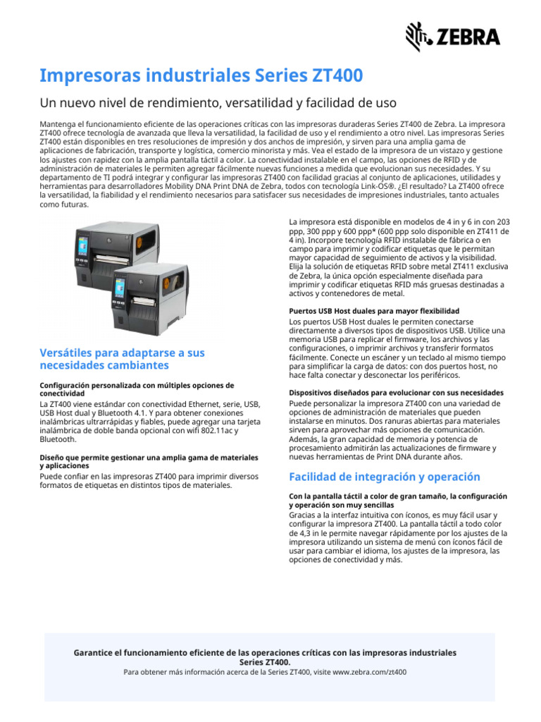 zt400 Series Spec Sheet Es La | PDF | Impresora (Computación ...