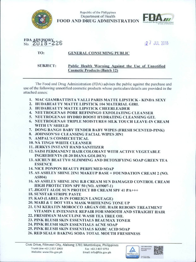 FDA Advisory No. 2018 226 | PDF FDA Advisory No. 2018 226 | PDF