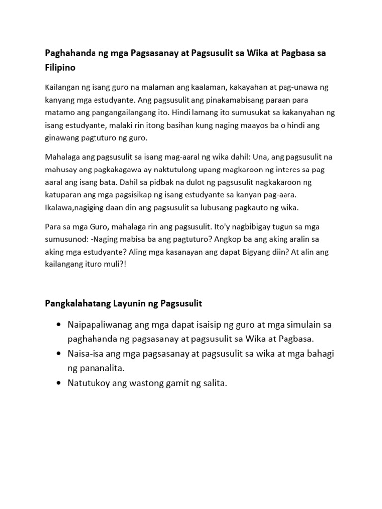 Paghahanda NG Mga Pagsasanay at Pagsusulit Sa Wika at Pagbasa Sa ...