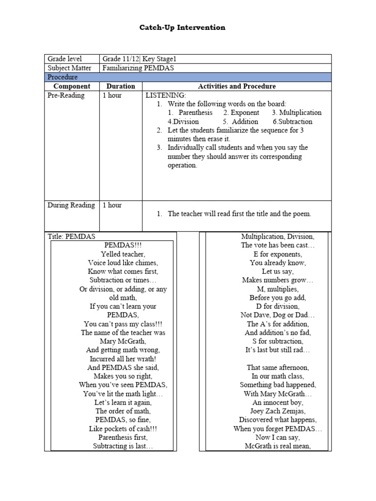 2023-2024 LNNHS Catch-Up Grade-11 Pemdas | PDF