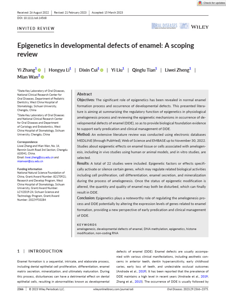 Oral Diseases - 2023 - Zhang - Epigenetics in Developmental Defects of ...