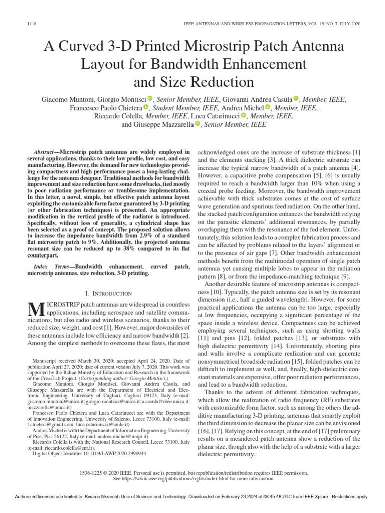A Curved 3-D Printed Microstrip Patch Antenna Layout For Bandwidth Enhancement and Size ...