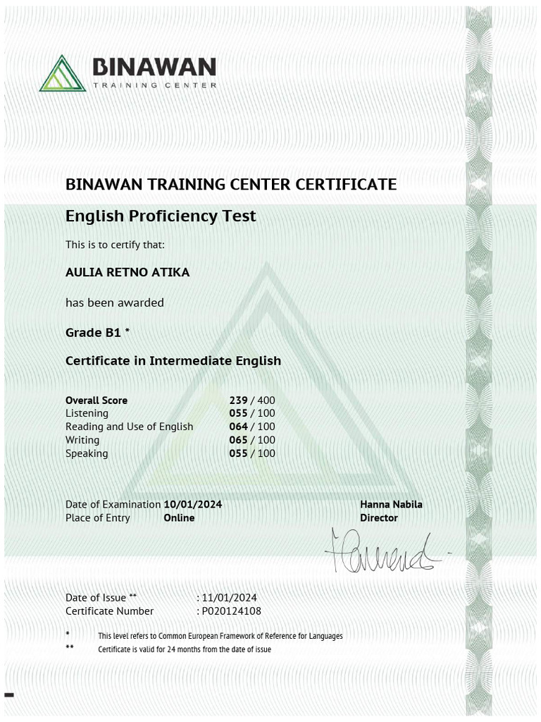 Binawan Training Center English Certificate | PDF | Language Education ...