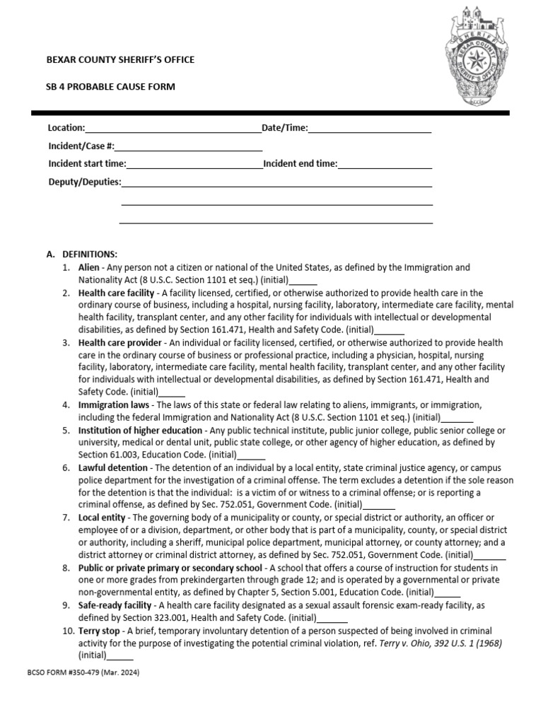 BCSO SB 4 Probable Cause Form | PDF | Identity Document | Crime & Violence