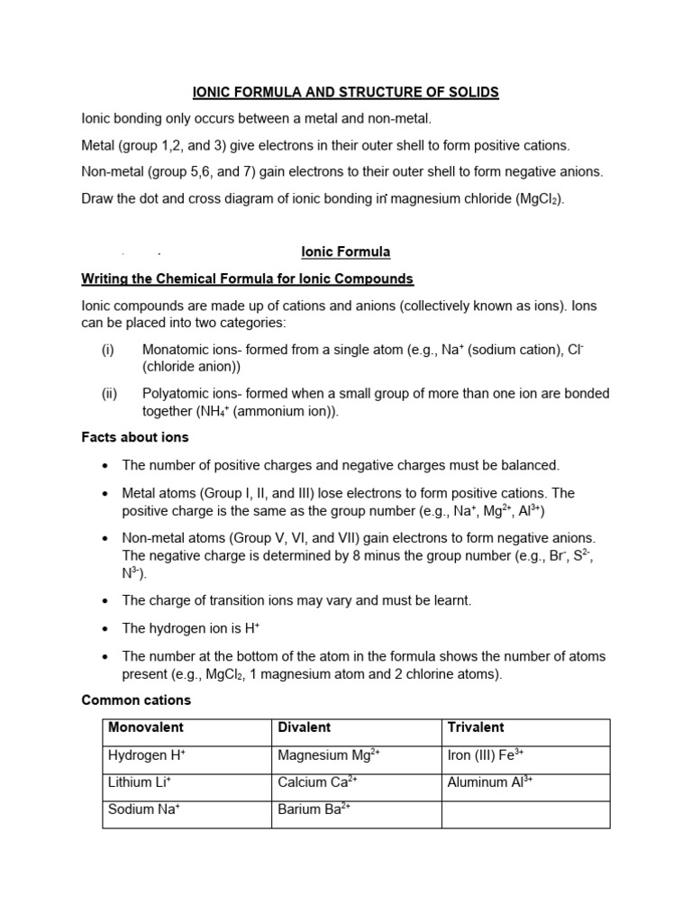 CSEC Chemistry Ionic Formula and Types of Solids | PDF | Ion | Chemical ...