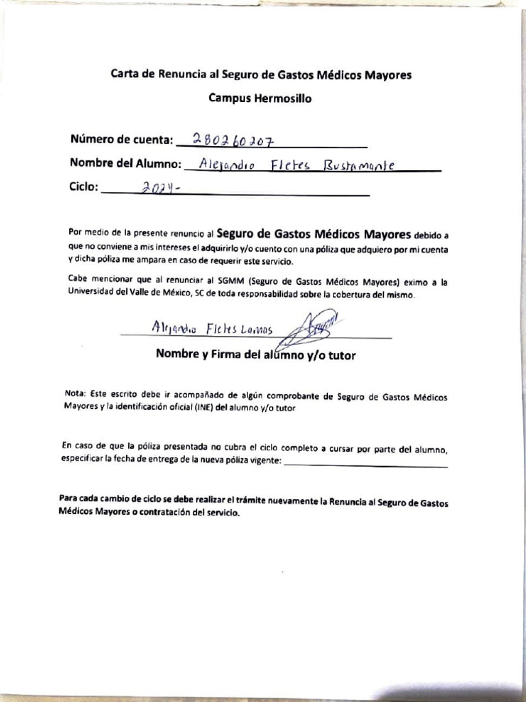 Carta de Renuncia Al Seguro de Gastos Médicos Mayores | PDF