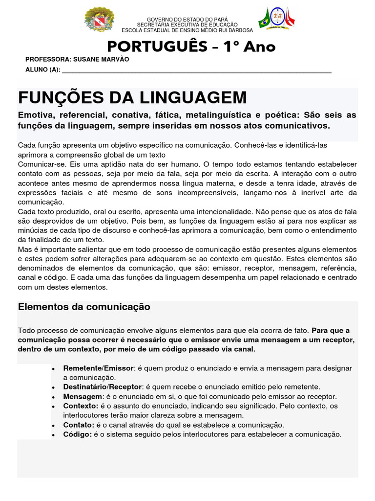 1º Ano Funções Da Linguagem 1º Bim Pdf Comunicação Poesia