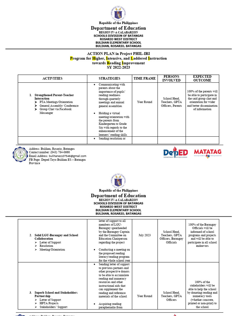 Action Plan in BES Project PHIL-IRI | PDF | Literacy | Learning