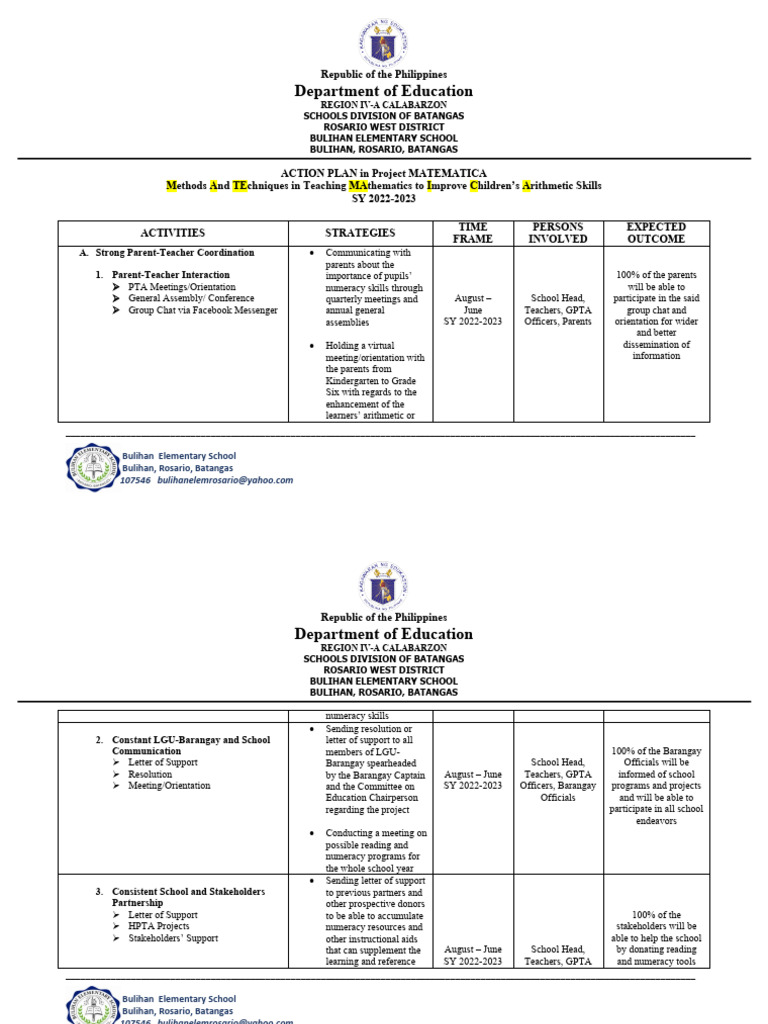 Action Plan in BES Project MATEMATICA | PDF | Learning | Teachers