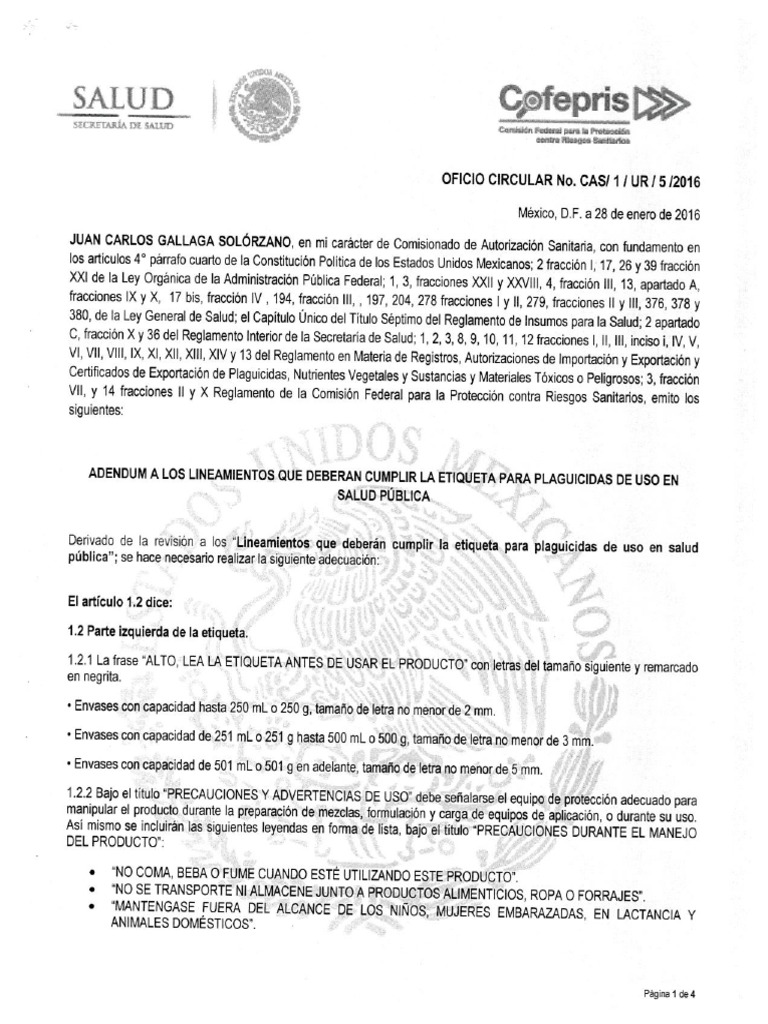 Adendum A Los Lineamientos Que Deber N Cumplir La Etiqueta para Plaguicidas de Uso en Salud P ...