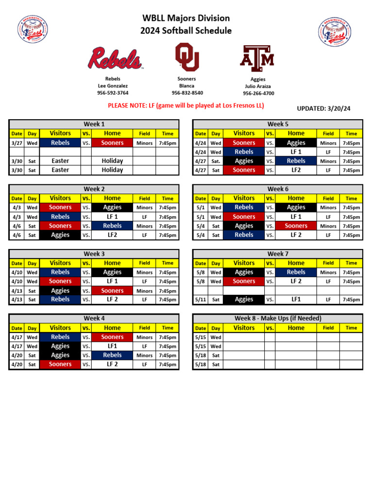 2024 WBLL Majors Softball Schedule Updated 3-20-24 | PDF