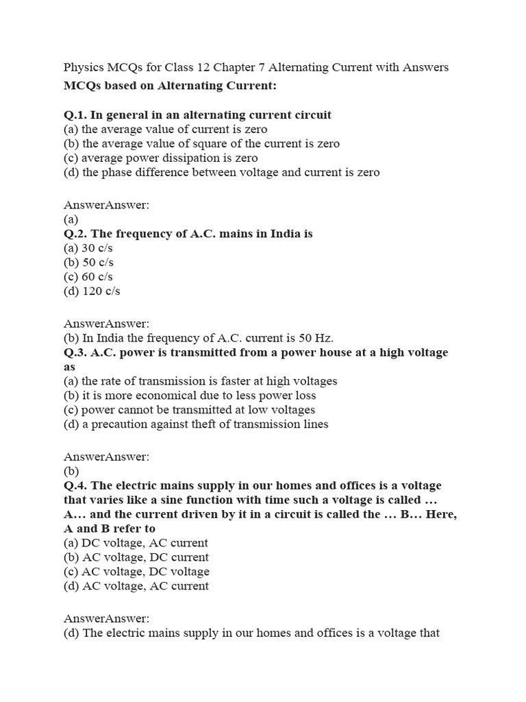 Physics MCQs For Class 12 Chapter 7 Alternating Current With Answers-1 | Download Free PDF ...