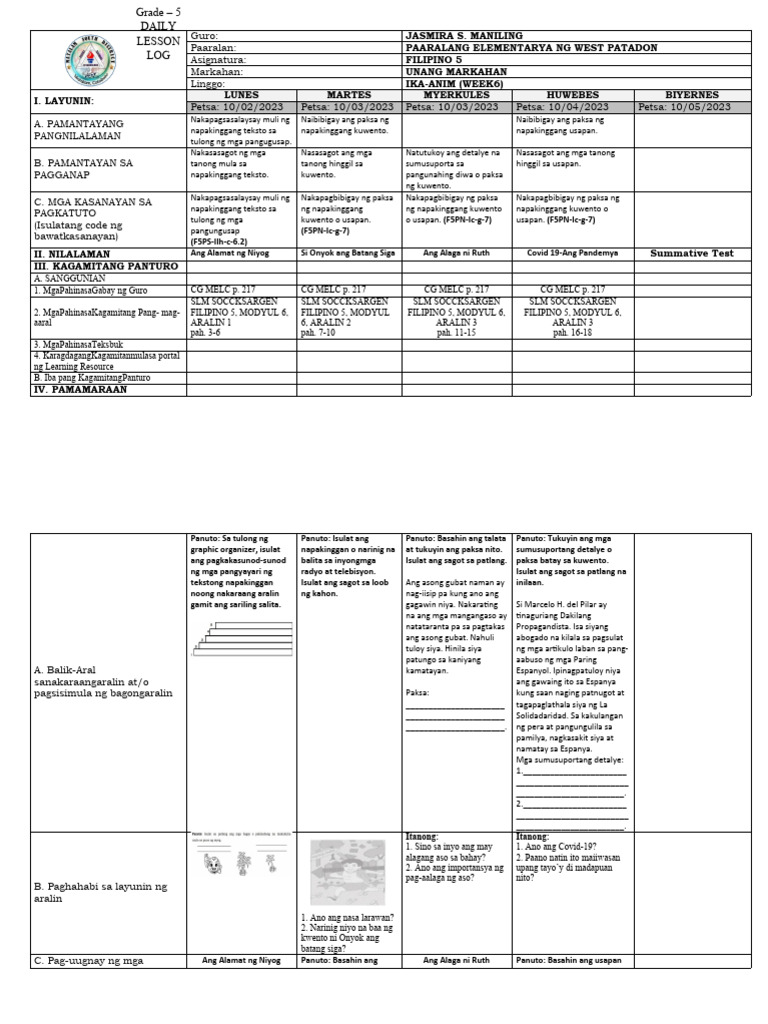 DLL Filipino5 q1 Week6 | PDF