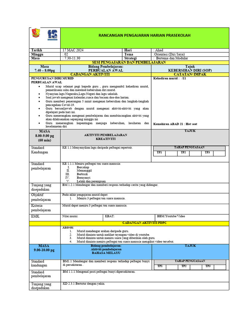 01 Rancangan Pengajaran Harian Prasekolah Ahad 17 Mac 2024 | PDF