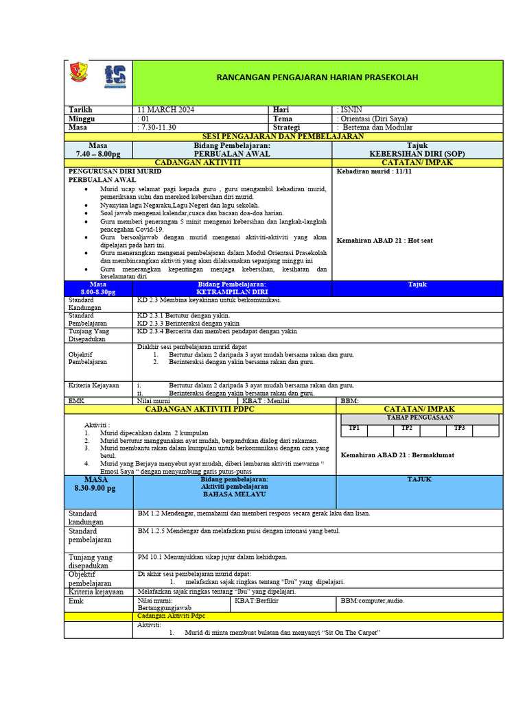 02 Rancangan Pengajaran Harian Prasekolah Isnin 11 Mac 2024 | PDF ...