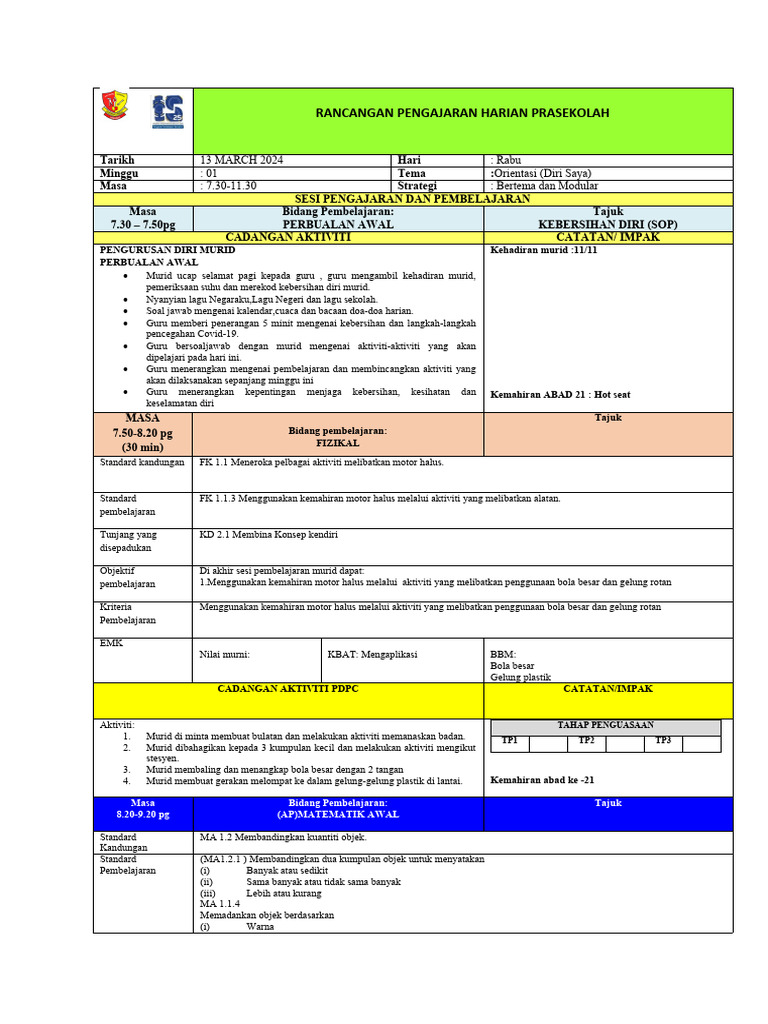 04 Rancangan Pengajaran Harian Prasekolah Rabu 13 Mac 2024 | PDF