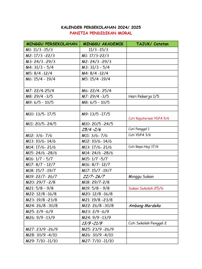 Kalender Persekolahan 2024 PM | PDF