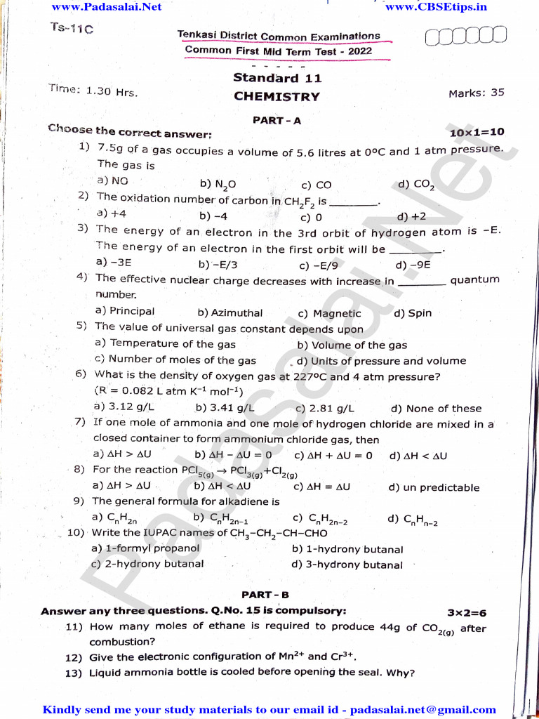 11th Chemistry 1st Mid Term Exam 2022 Question Paper Tenkasii District English Medium PDF ...