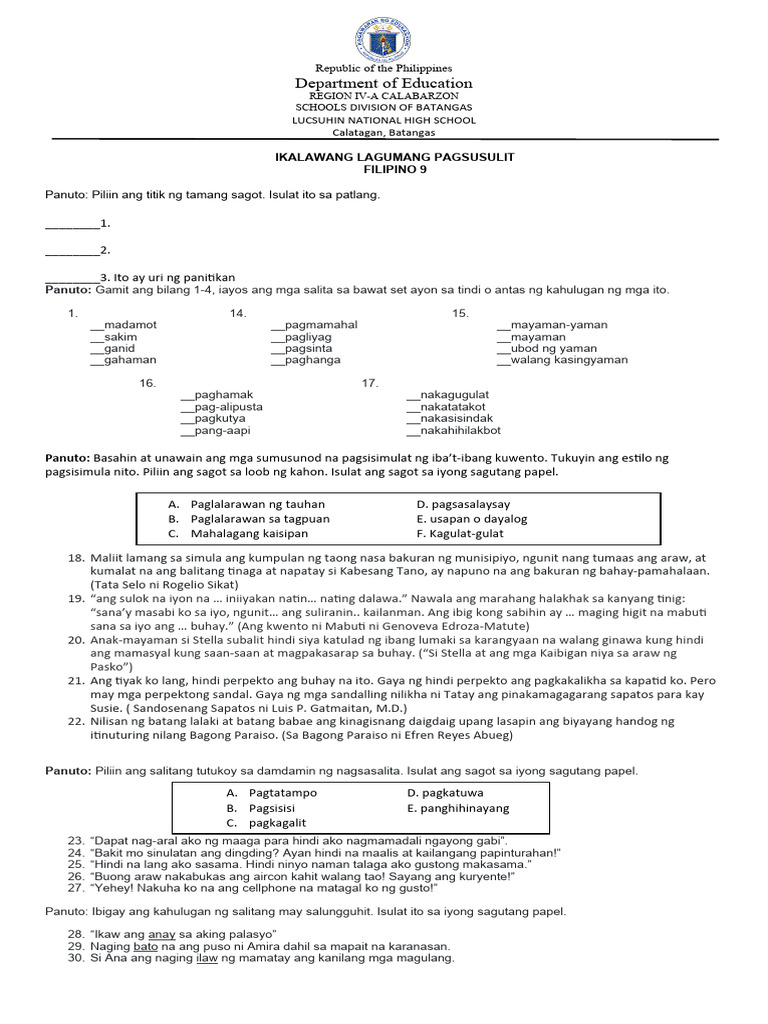 Summative Test Filipino 9 Quarter 3 | PDF