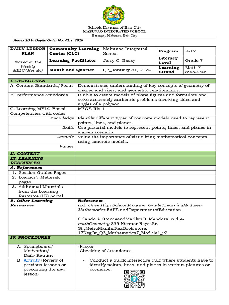 Lesson Plan in Math 7 (Q3W1-Day 1) | PDF | Learning | Geometry