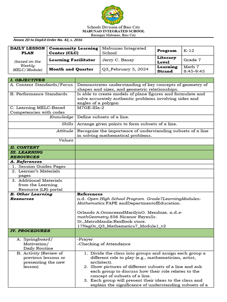 Grade 7 Math Lesson Plan: Geometry | PDF | Learning | Mathematics