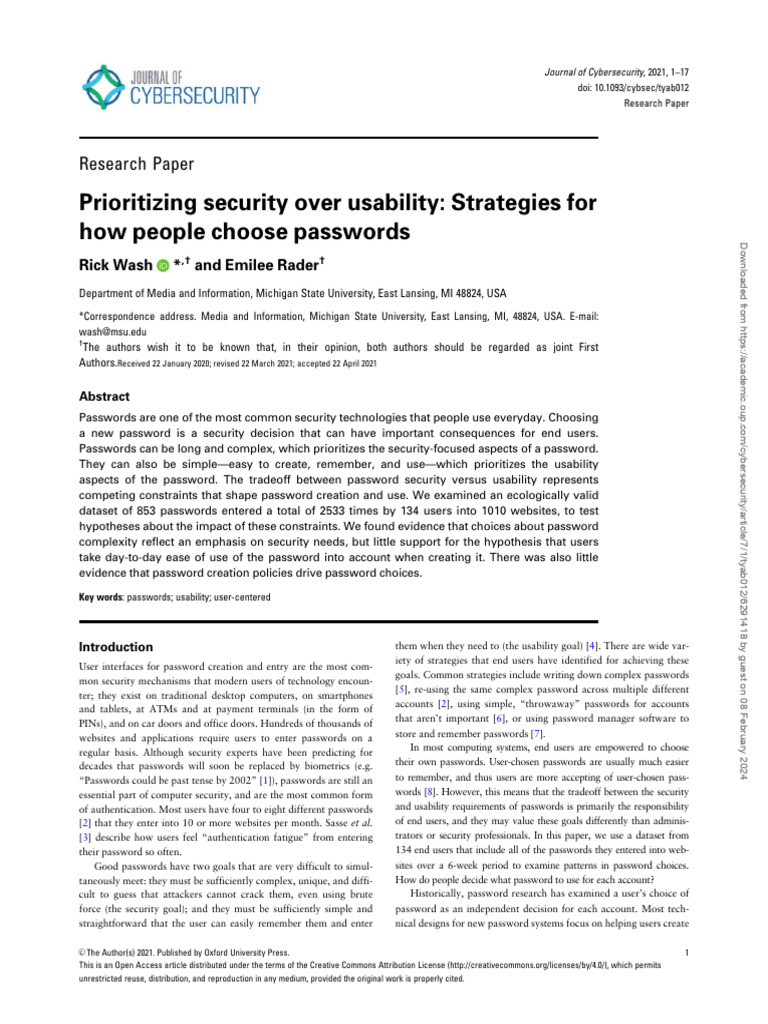 Strategies For How People Choose Passwords | PDF | Password | Usability