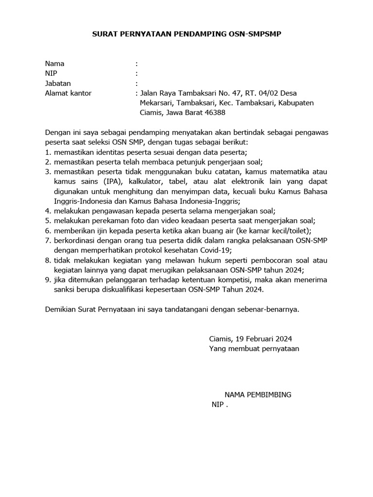 Surat Pernyataan Pendamping Osn | PDF