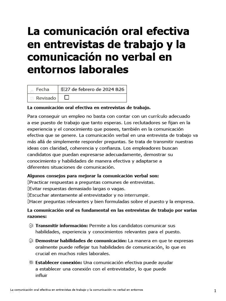 La Comunicacin Oral Efectiva en Entrevistas de Trabajo y La Comunicacin No Verbal en Entornos ...