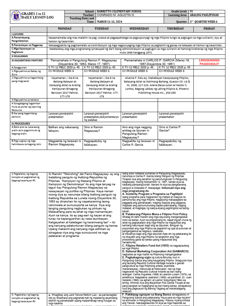 DLL - Araling Panlipunan 6 - Q3 - W6 | PDF
