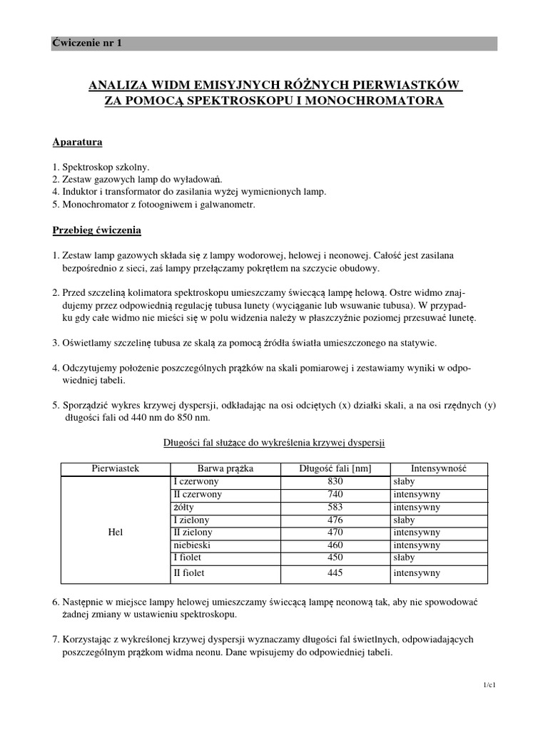 Ćwiczenie 1 Analiza widm emisyjnych różnych pierwiastków za pomocą ...