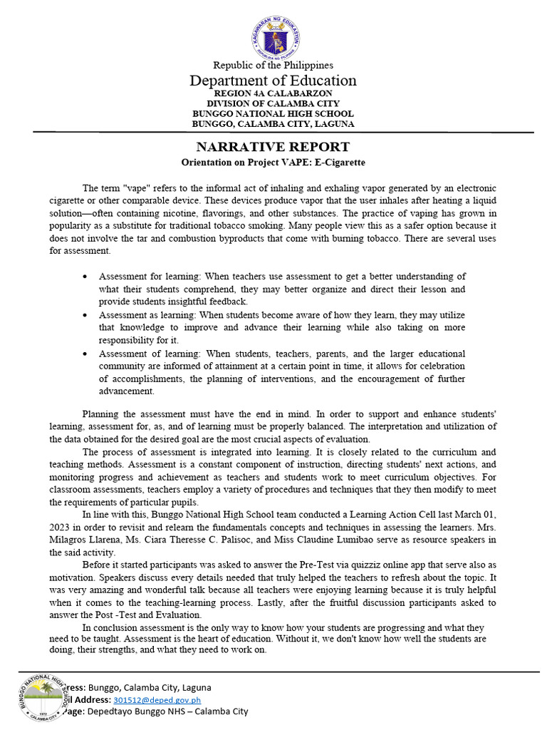 Narrative Report - Project Vape | PDF | Electronic Cigarette | Behavior Modification