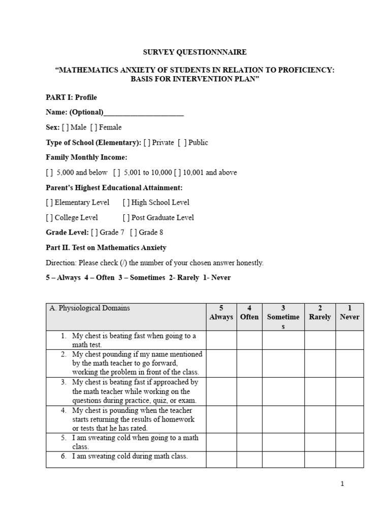 Anxiety SURVEY QUESTIONNNAIRE | PDF | Mathematics