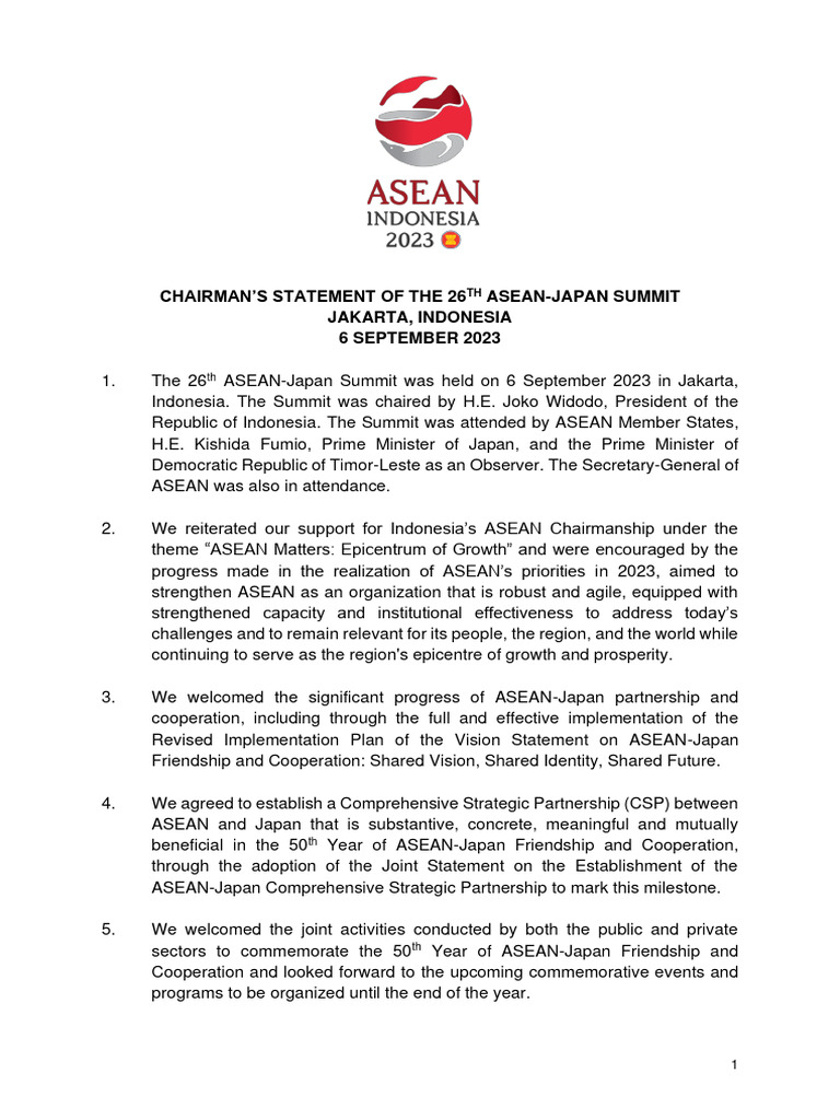FINAL Chairmans Statement of The 26th ASEAN Japan Summit | Download ...