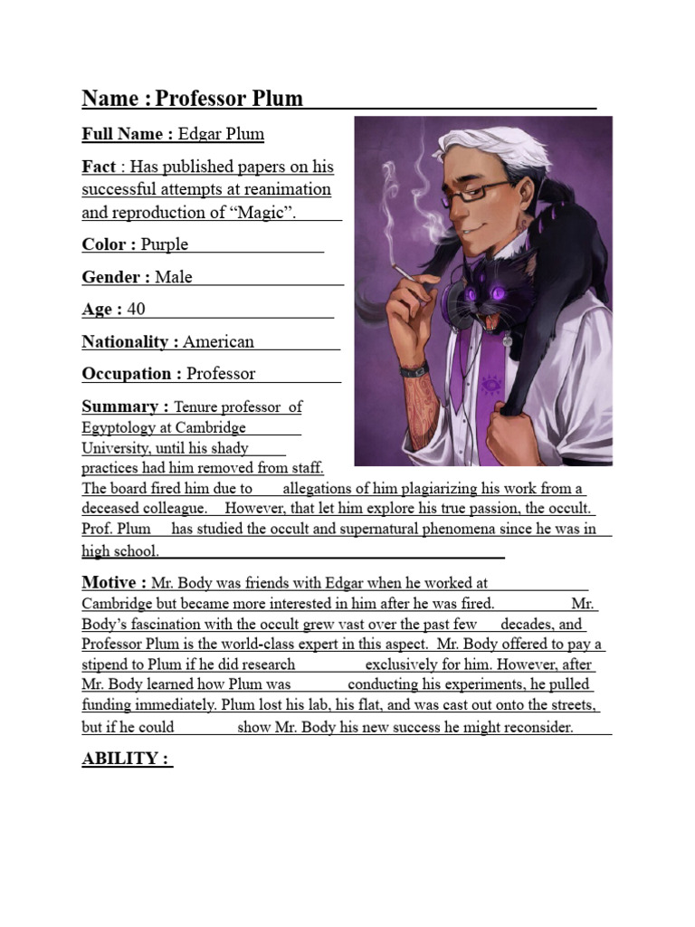 Player Sheet - Professor Plum | PDF