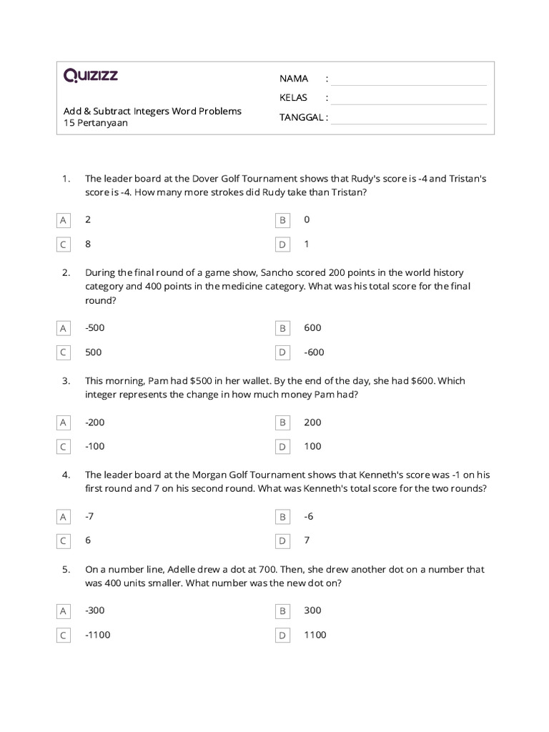 Add & Subtract Integers Word Problems - 220604 - 075530 | PDF ...