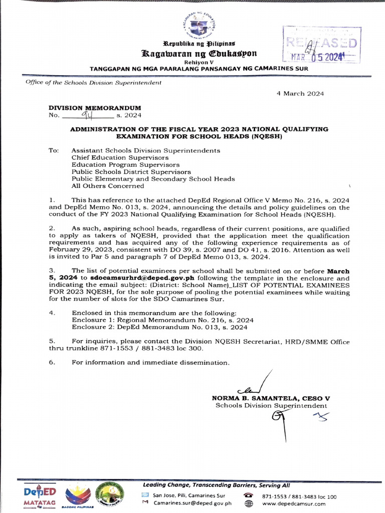 Division Memo No. 94 S. 2024 | PDF | Memorandum