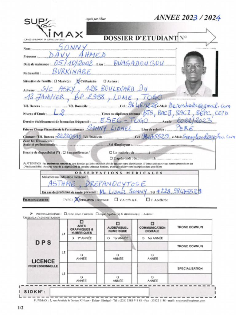 Fiche Inscription Reglement Supimax 2021 - Lic - Davy SONNY (Photo) | PDF