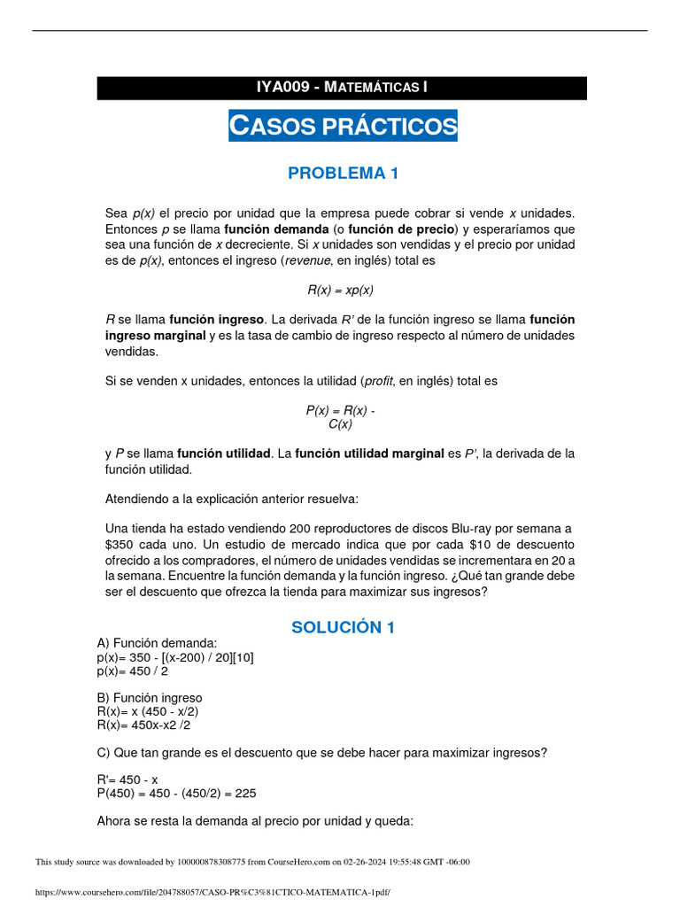 Caso PR Ctico Matematica 1 PDF | PDF | Precios | Curva de demanda