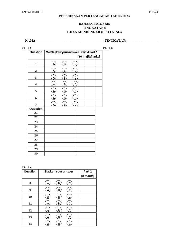 Listening SPM Answer Sheet | PDF