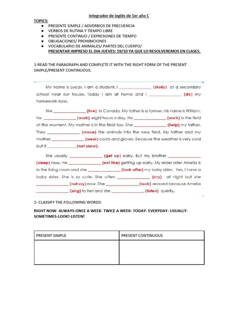 Integrador de Ingles 1er Año | PDF